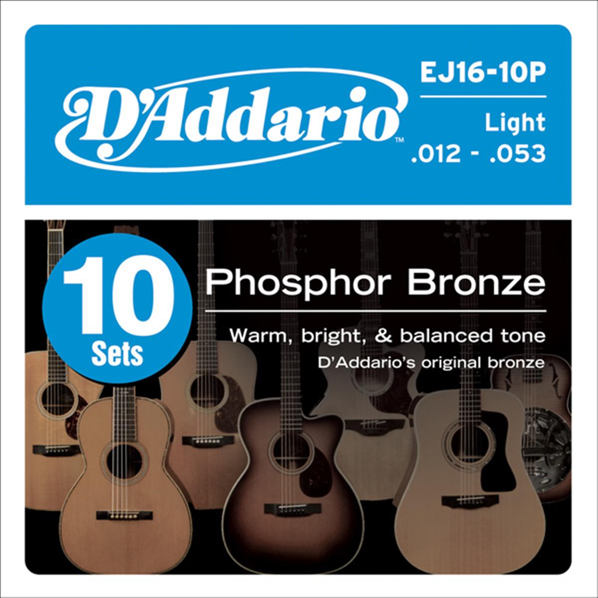 DAddario EJ16-10P Phosphor Bronze Acoustic Guitar Strings Light 12-53 ...
